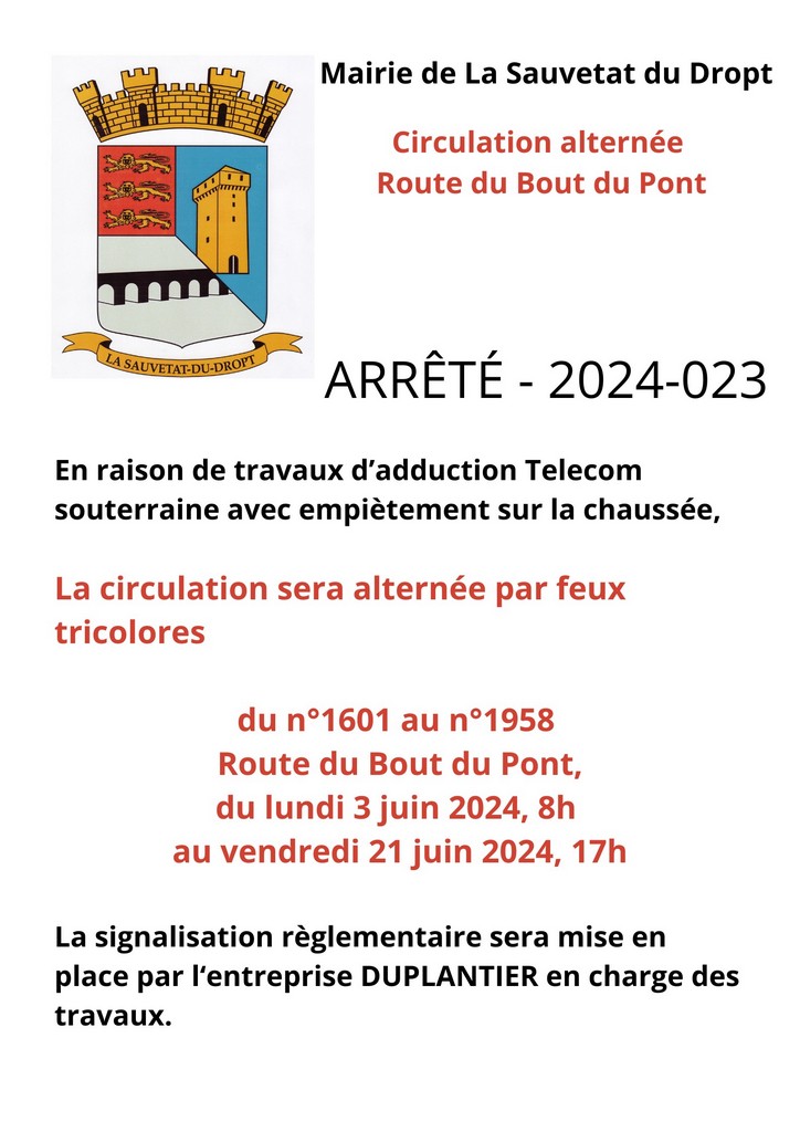 Info Mairie : Arrêté de circulation Route du Bout du Pont | La Sauvetat ...